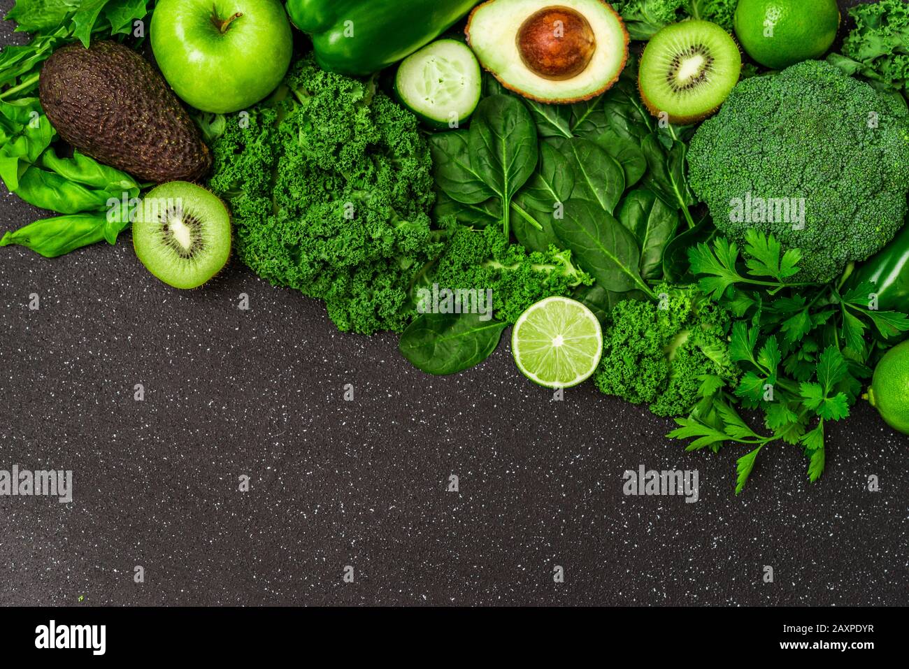 Selection of healthy green food fresh vegetables and fruit Stock Photo ...