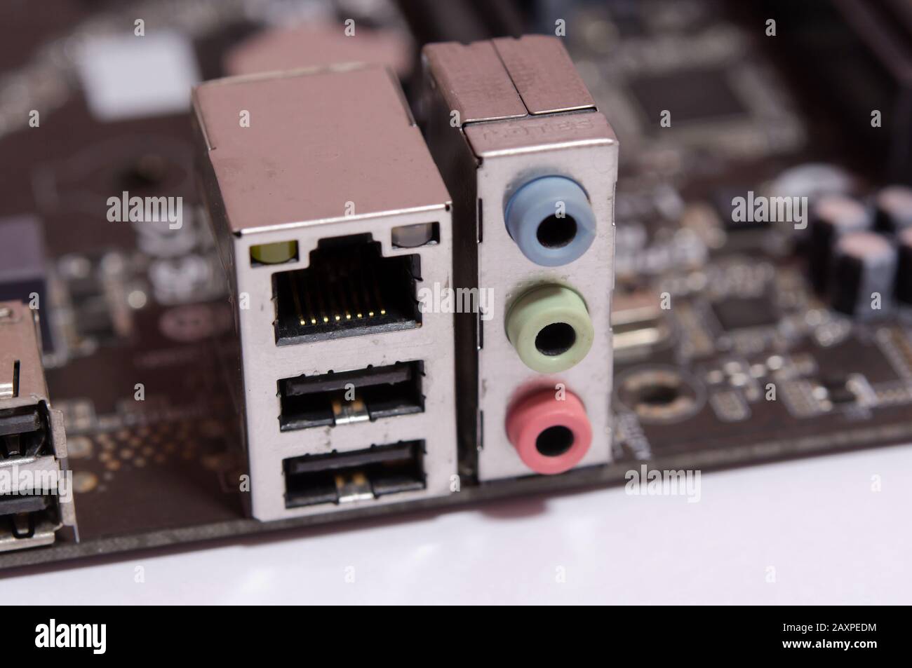 Lan socket RJ 45 and Audio output socket on computer motherboard ...