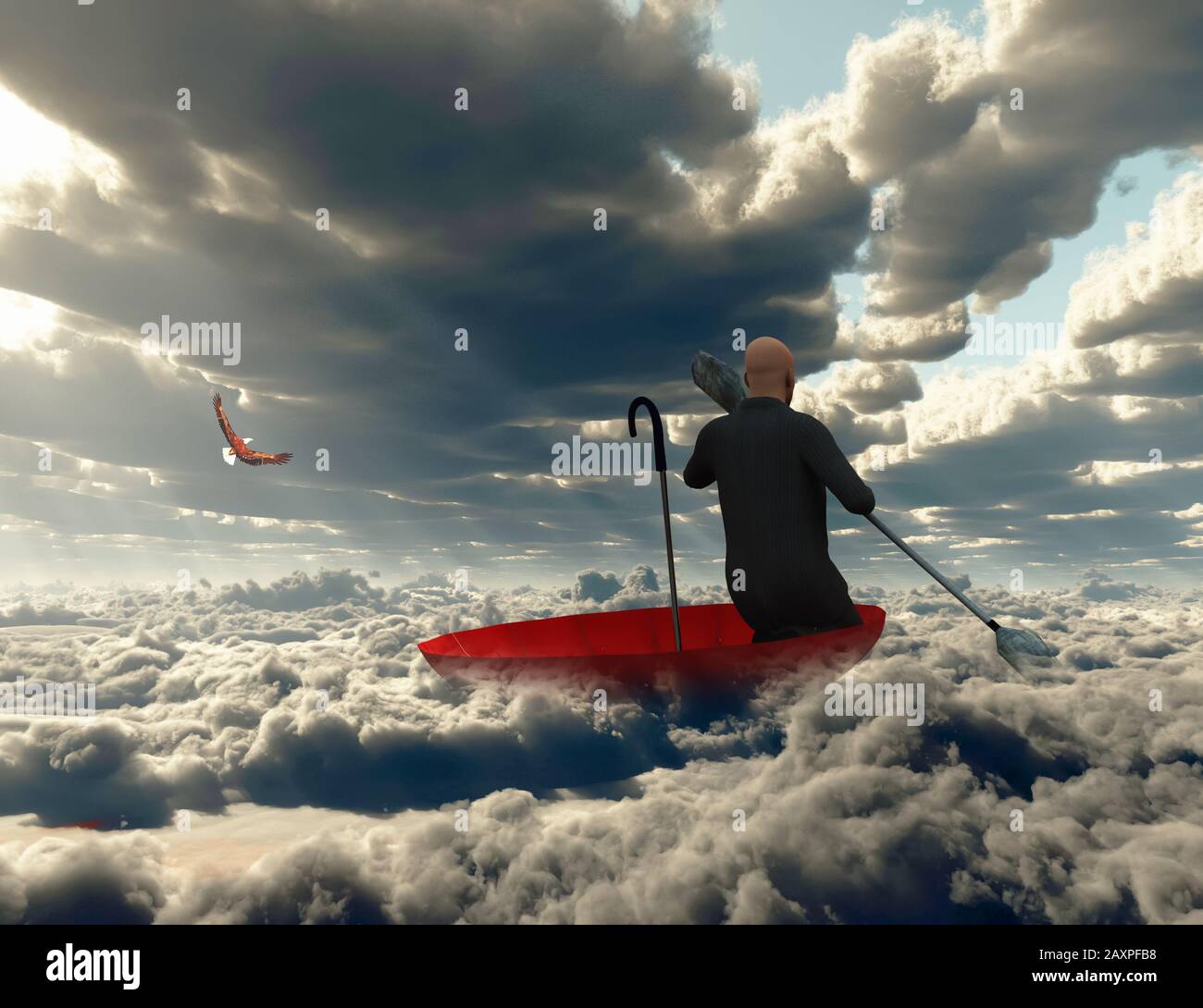 Surreal art. Escape from reality. Man floats in red umbrella in the ...