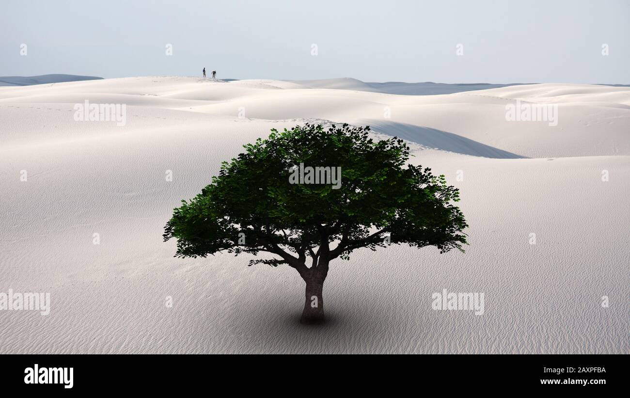 Surrealism. Green tree in white desert. Two men on a horizon Stock ...