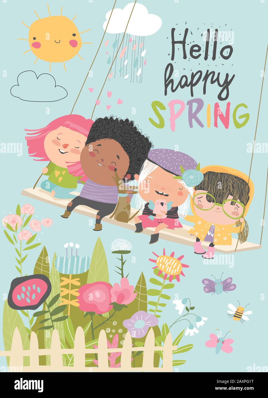 Happy child playing on swing blossom hi-res stock photography and ...