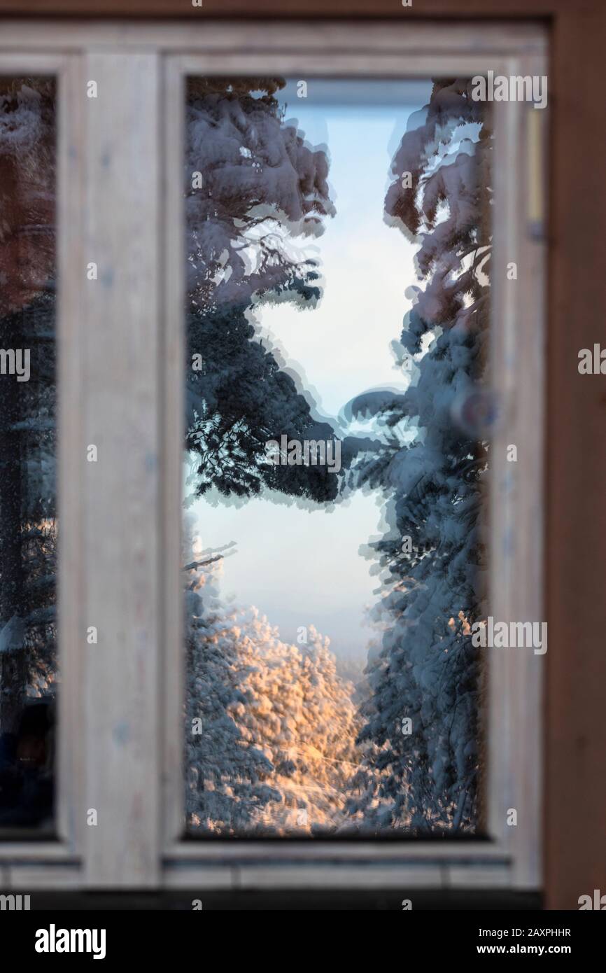 Finland, Lapland, Kittilä, reflection of forest in window Stock Photo ...