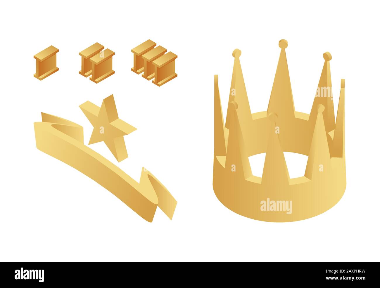Golden trophy, crown, first, second and third place numbers, gold star ...