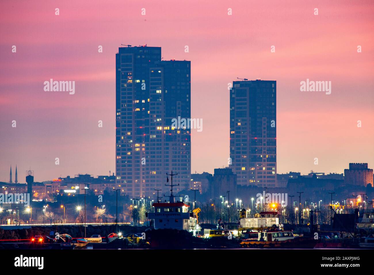 Morning light mood over Istanbul , skyline, skyscrapers dominate the ...