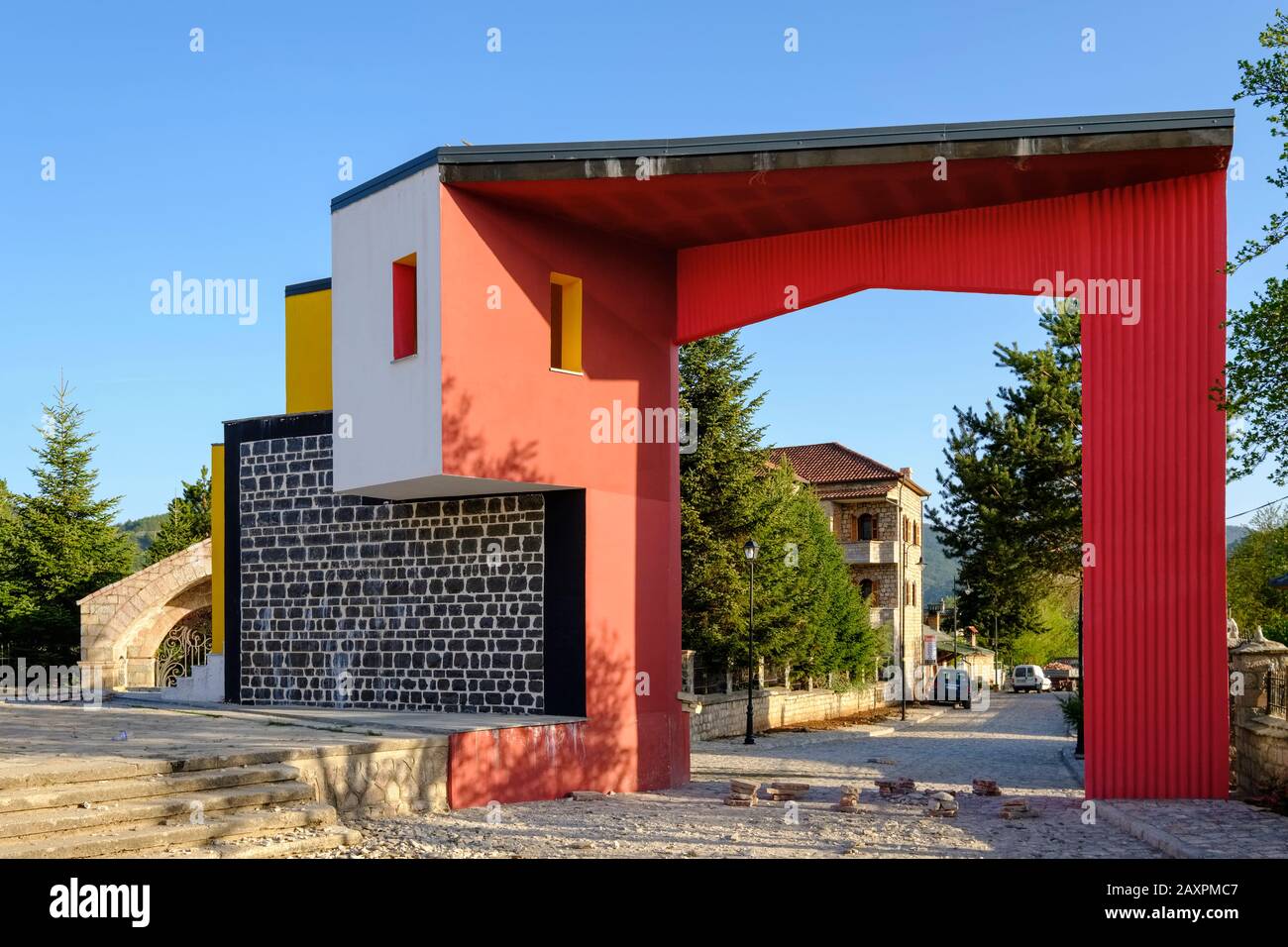 Modern city gate in Voskopoja, Voskopojë, Korçë region, Korca, Albania ...