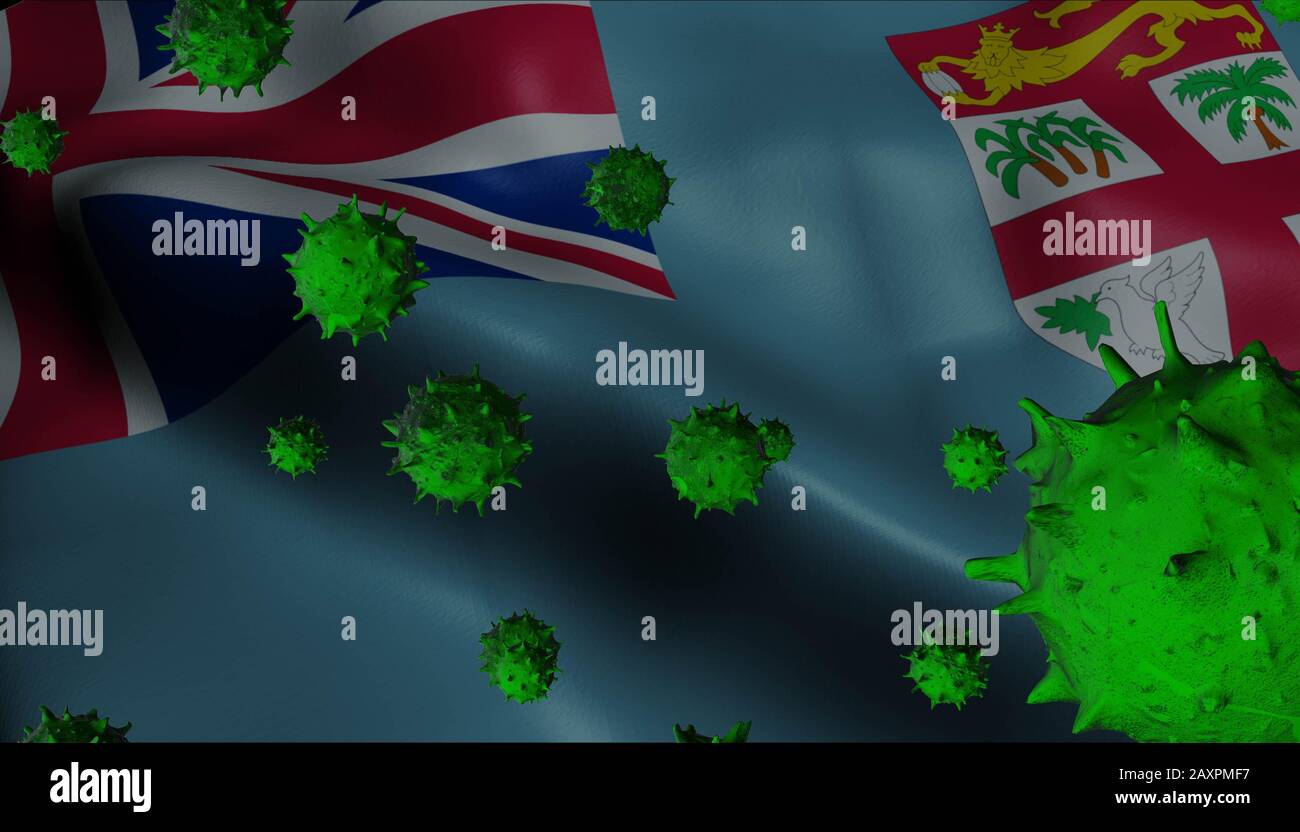 3D animation of Fiji waving flag with green viruses (Coronavirus ...