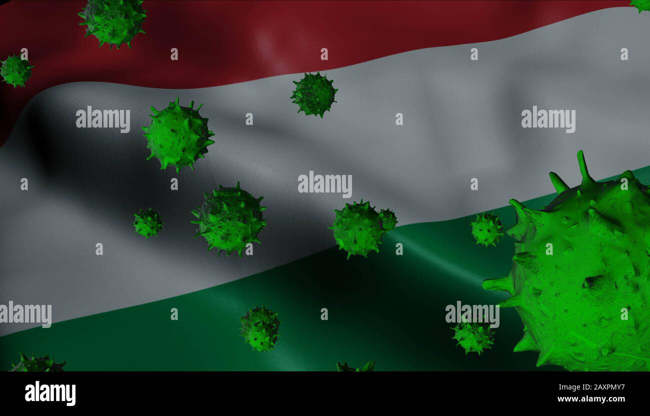 3D animation of Hungary waving flag with green viruses (Coronavirus ...