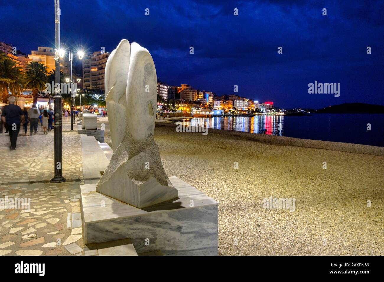Dusk on the seafront, Saranda, Sarandë, Qark Vlora, Ionian Sea, Albania ...