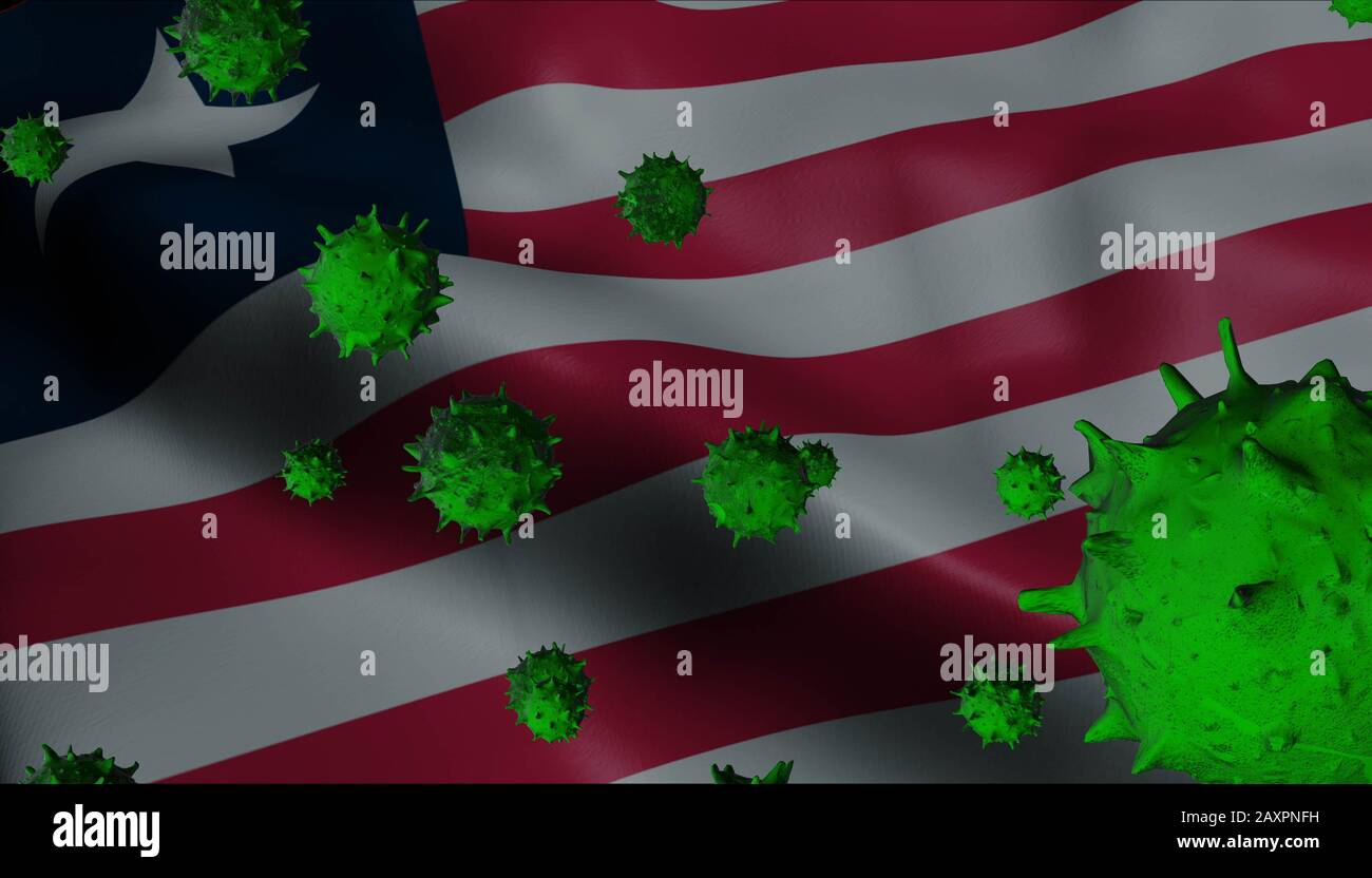 3D animation of Liberia waving flag with green viruses (Coronavirus ...