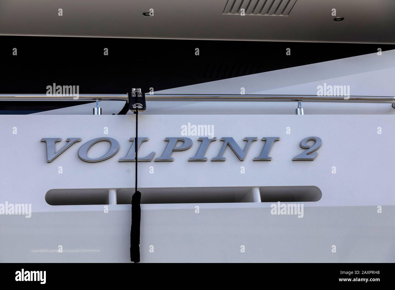 name plate of super yacht Volpini 2. Port of Bergen, Norway Stock Photo ...