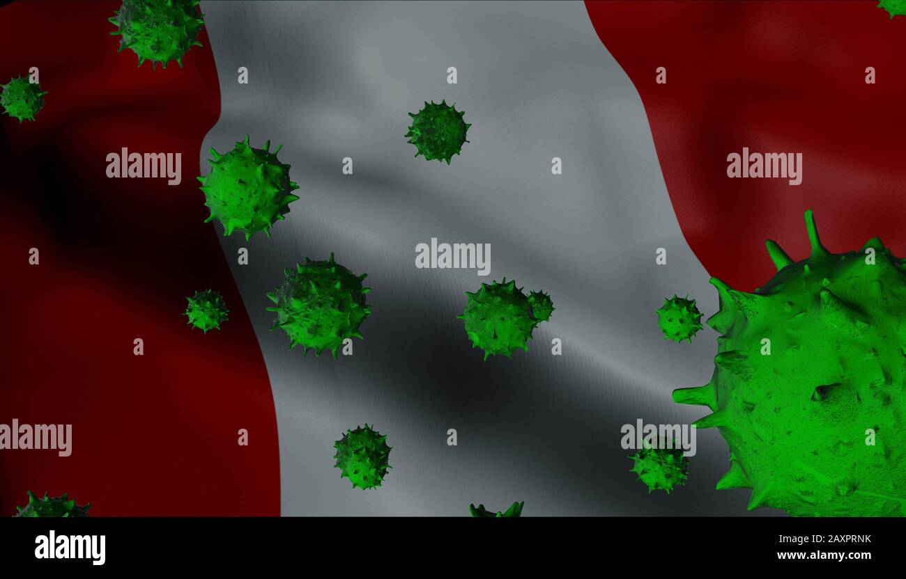 3D animation of Peru waving flag with greem viruses (Coronavirus ...