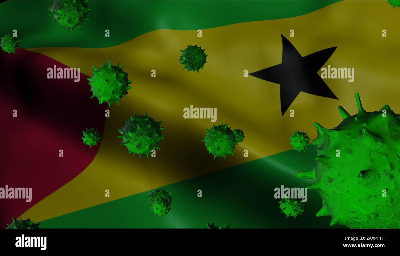 3D animation of Sao Tome and Principe waving flag with greem viruses ...