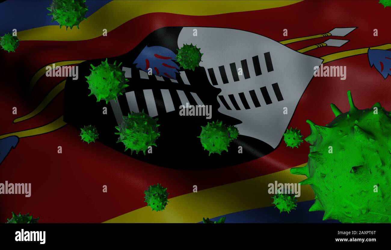 3D animation of Swaziland waving flag with greem viruses (Coronavirus ...