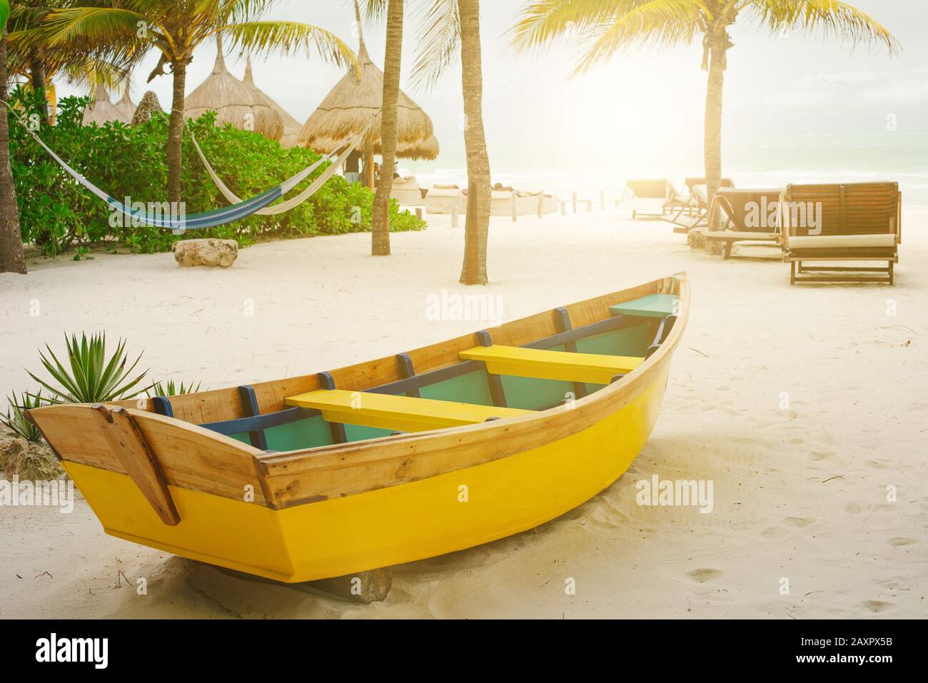 yellow boat on the beach Stock Photo - Alamy