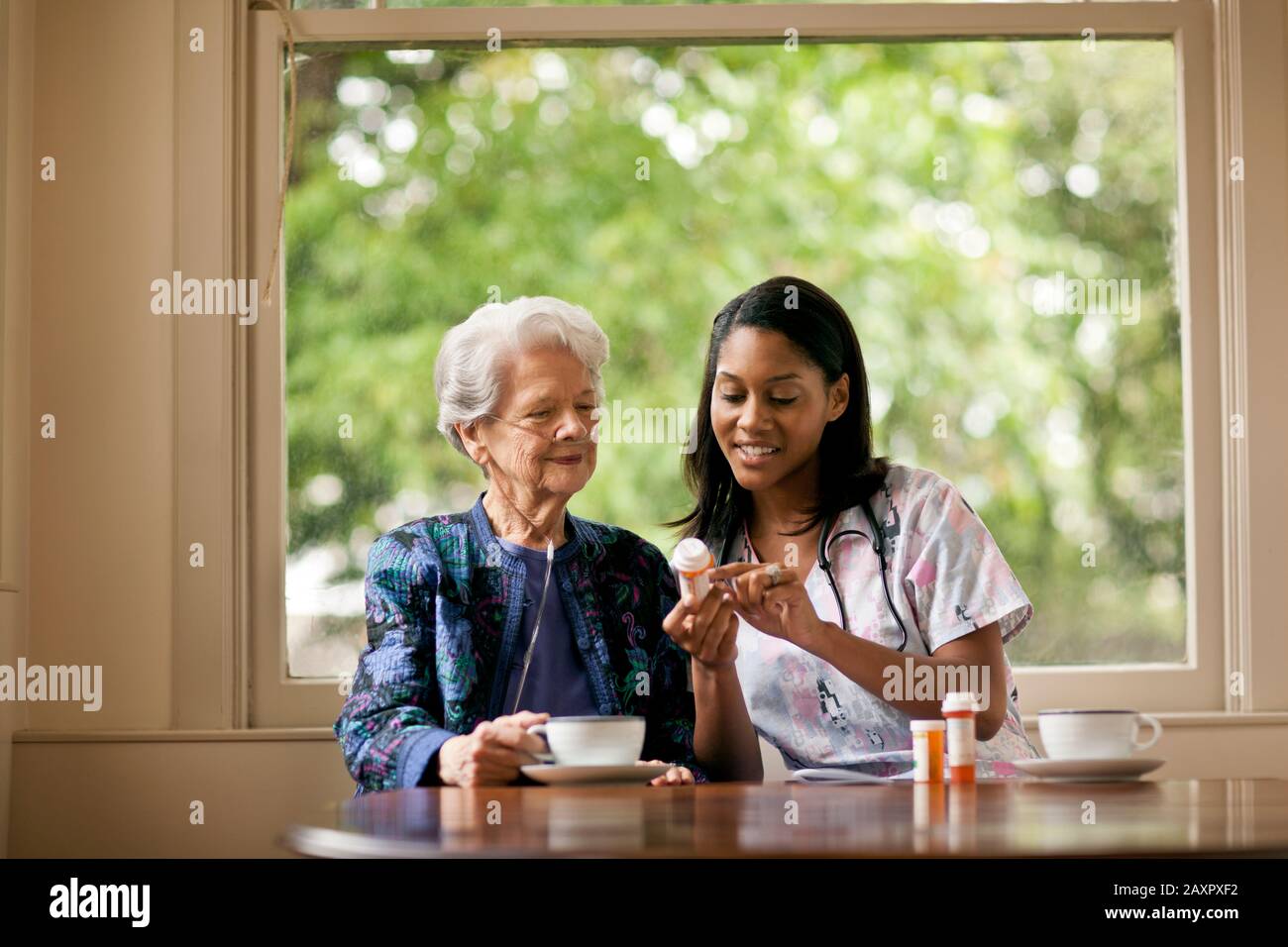 Female nurse explaining how to take medication to a senior patient ...