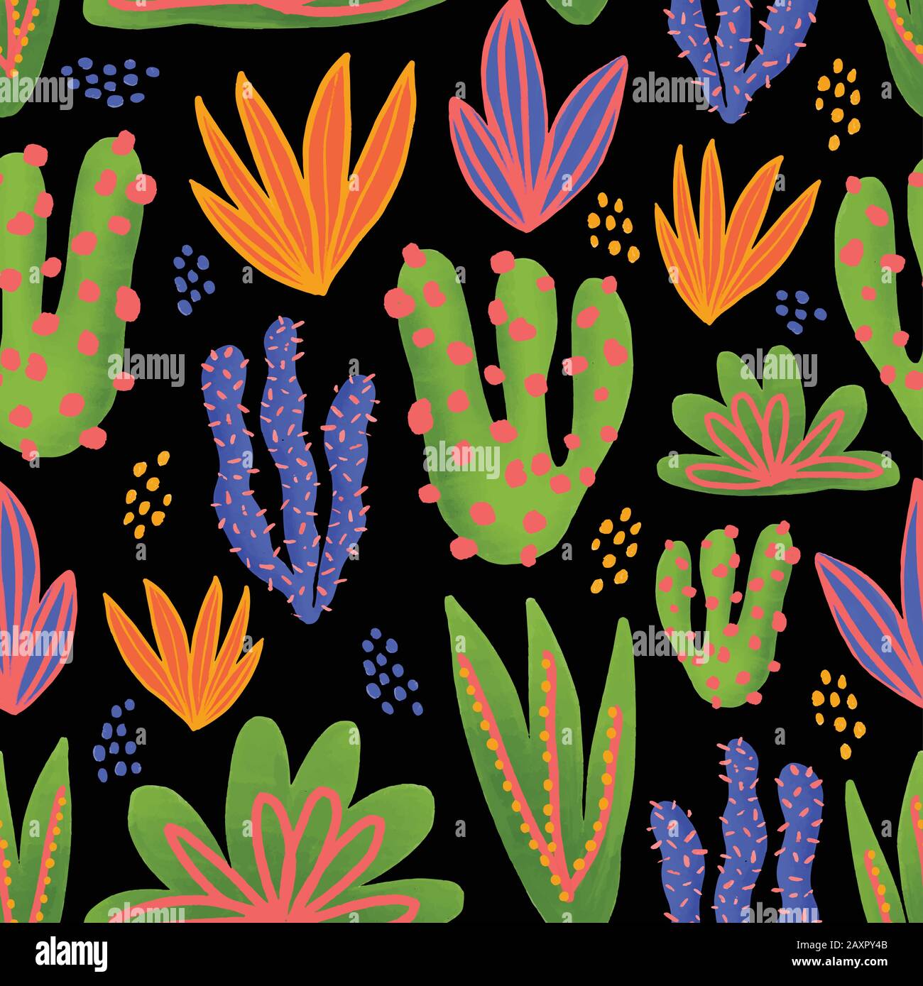 Cactus seamless vector pattern. Cacti in bright colors on black ...