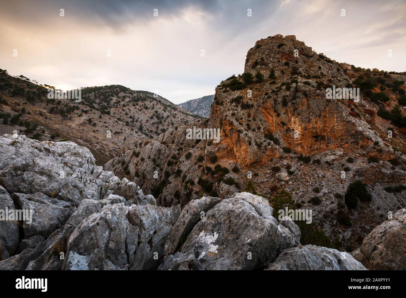 View of the landscape around Anavatos village on Chios island in Greece ...