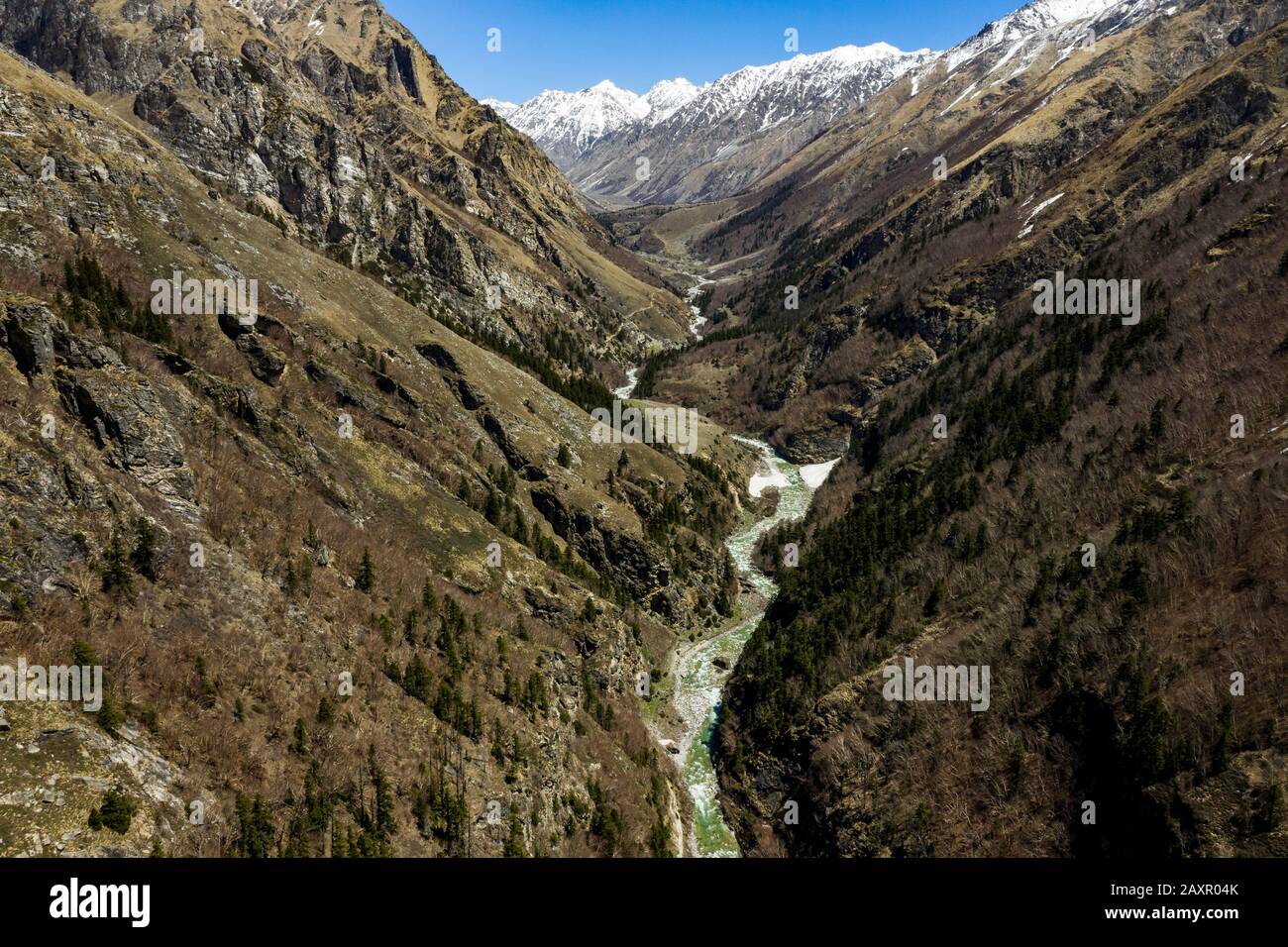 steep rugged river valley landscape in the mountains, Himalaya Nepal ...