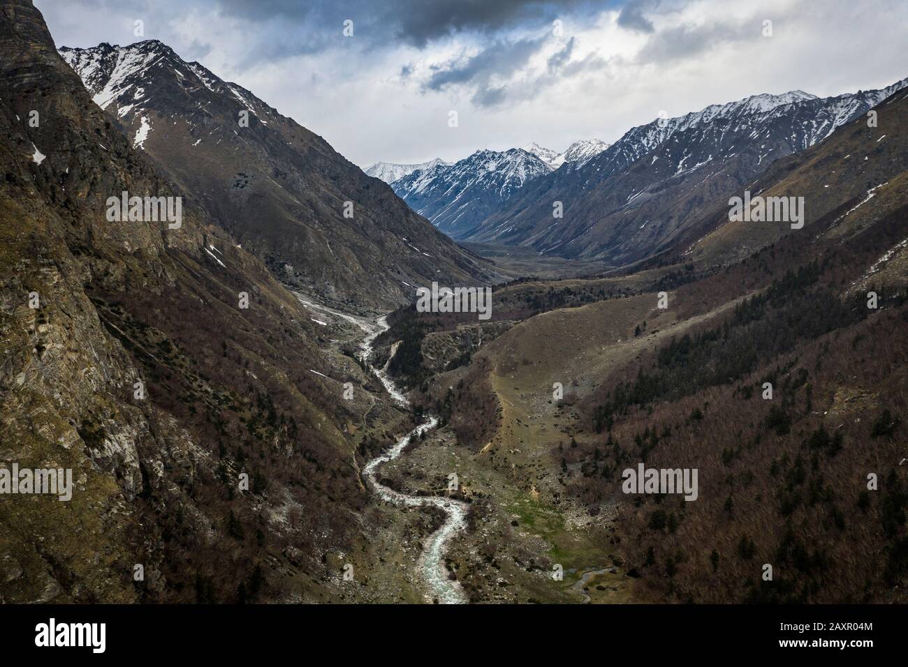 Rugged alpine river valley landscape in the mountains, Himalaya Nepal ...