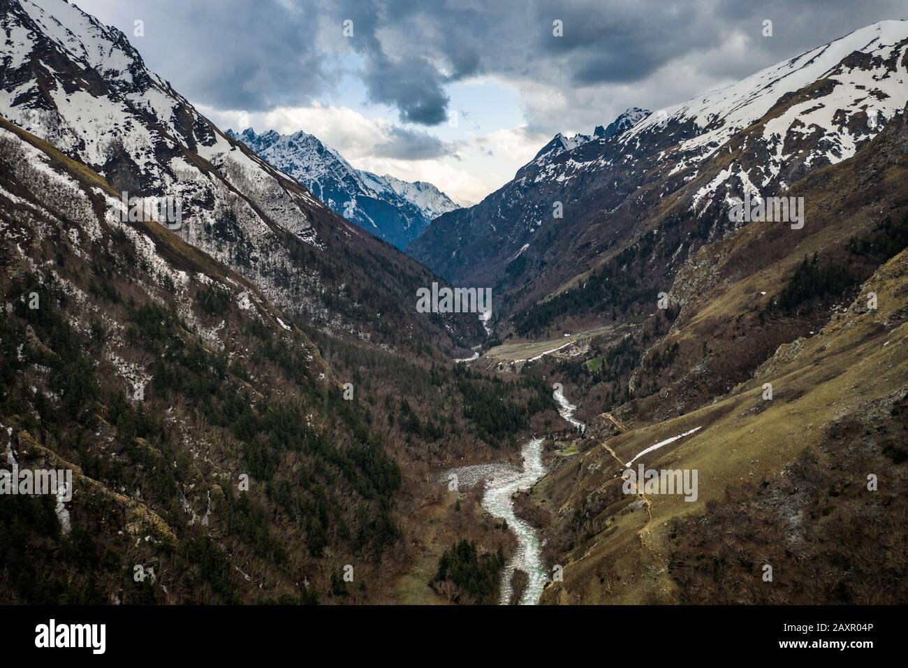 steep rugged river valley landscape in the mountains, Himalaya Nepal ...