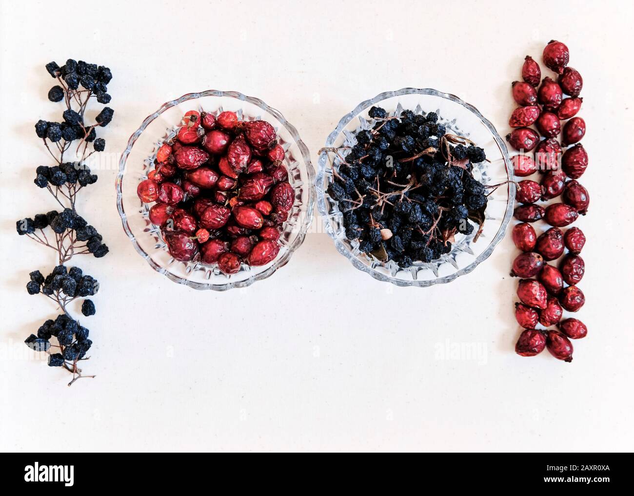 Dried red rose hips (berry, fruit) and aronia (black chokeberry Stock ...