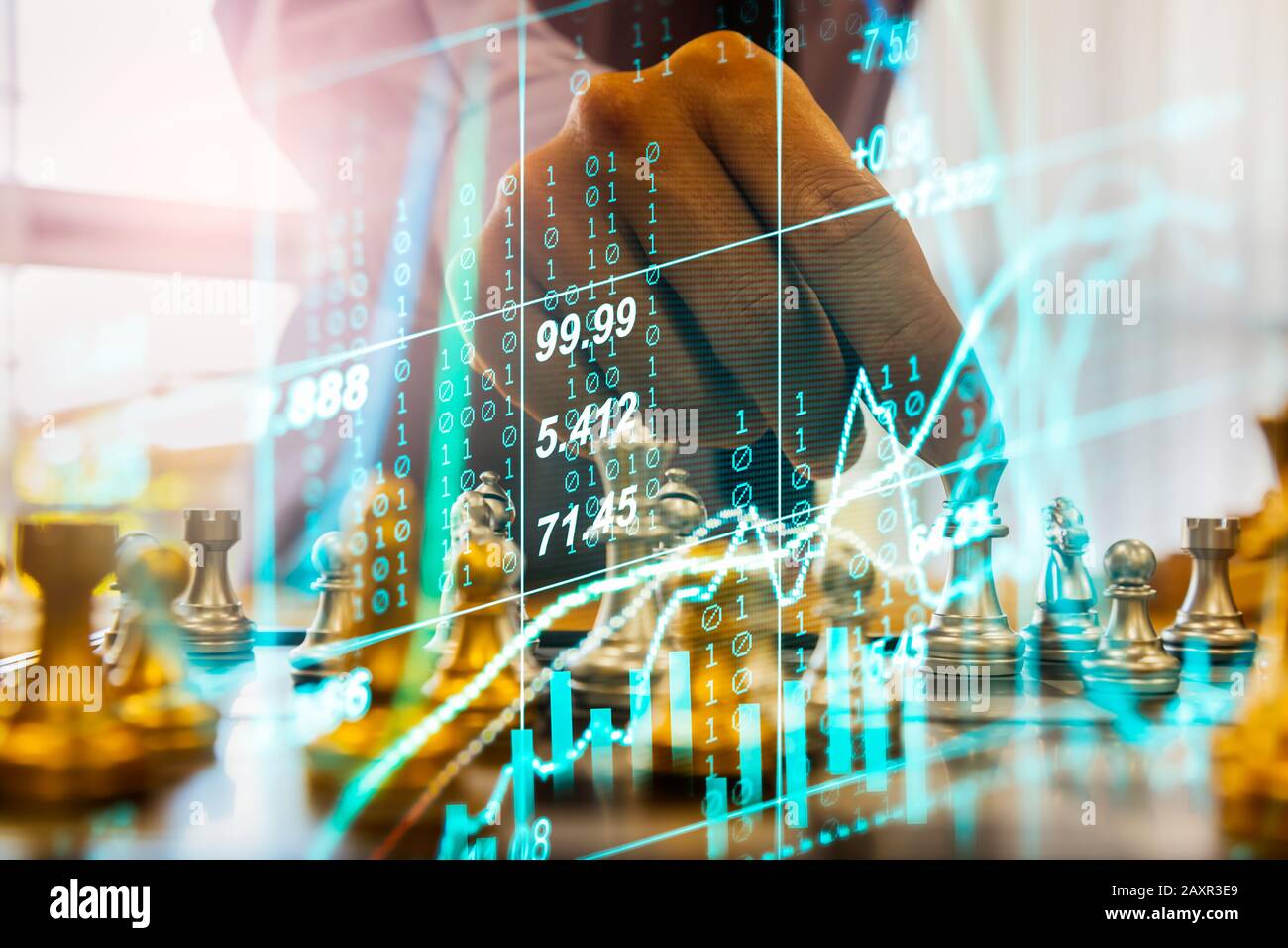 Chess game on chess board on stock market or forex trading graph chart ...