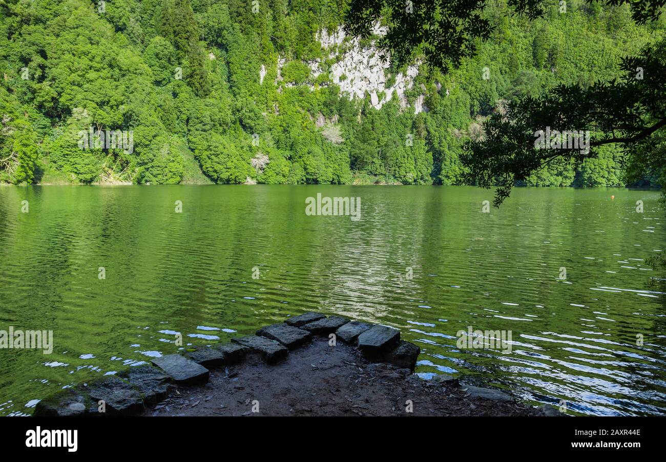 "Lagoa do Congro" lagoon surrounded by green forest located on Sao ...