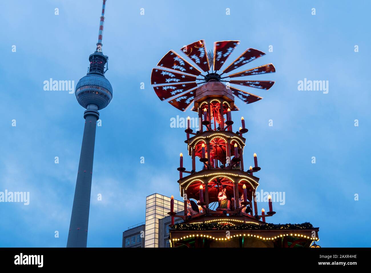 Berlin, Alexander square, Christmas market, rotating pyramid with ...