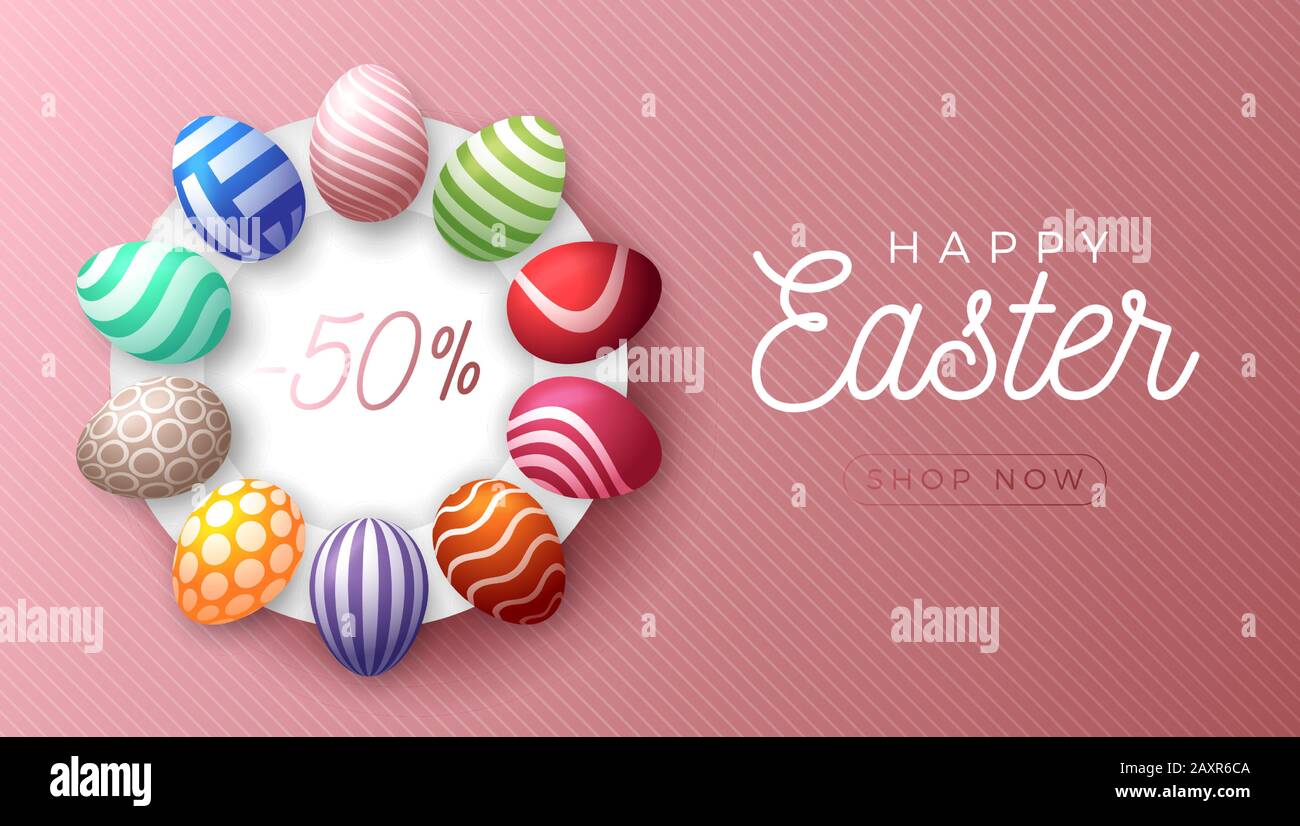 Easter egg horizontal banner. Easter card with colorful eggs laid out ...