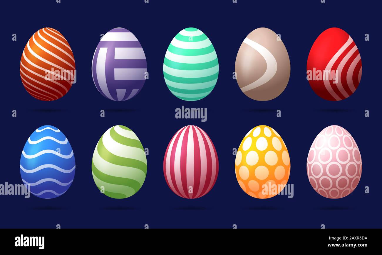 Set of 10 color Easter Eggs with pattern. Design elements for holiday ...