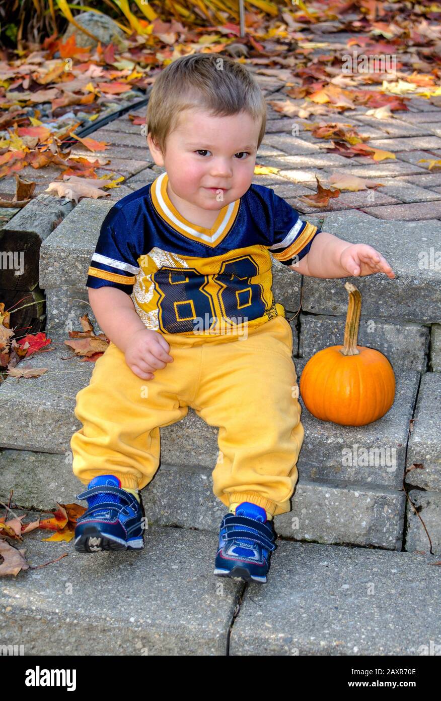 Proud little boy proudly shows off his first pumpkin Stock Photo - Alamy