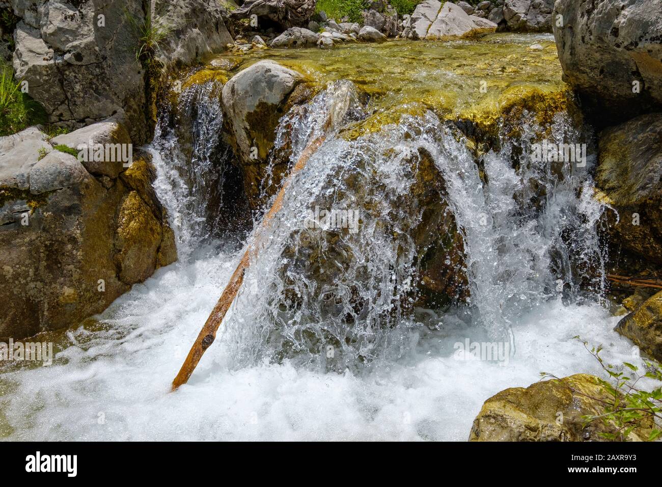 small waterfall, river Kukaj, Valbona National Park, Albanian Alps ...