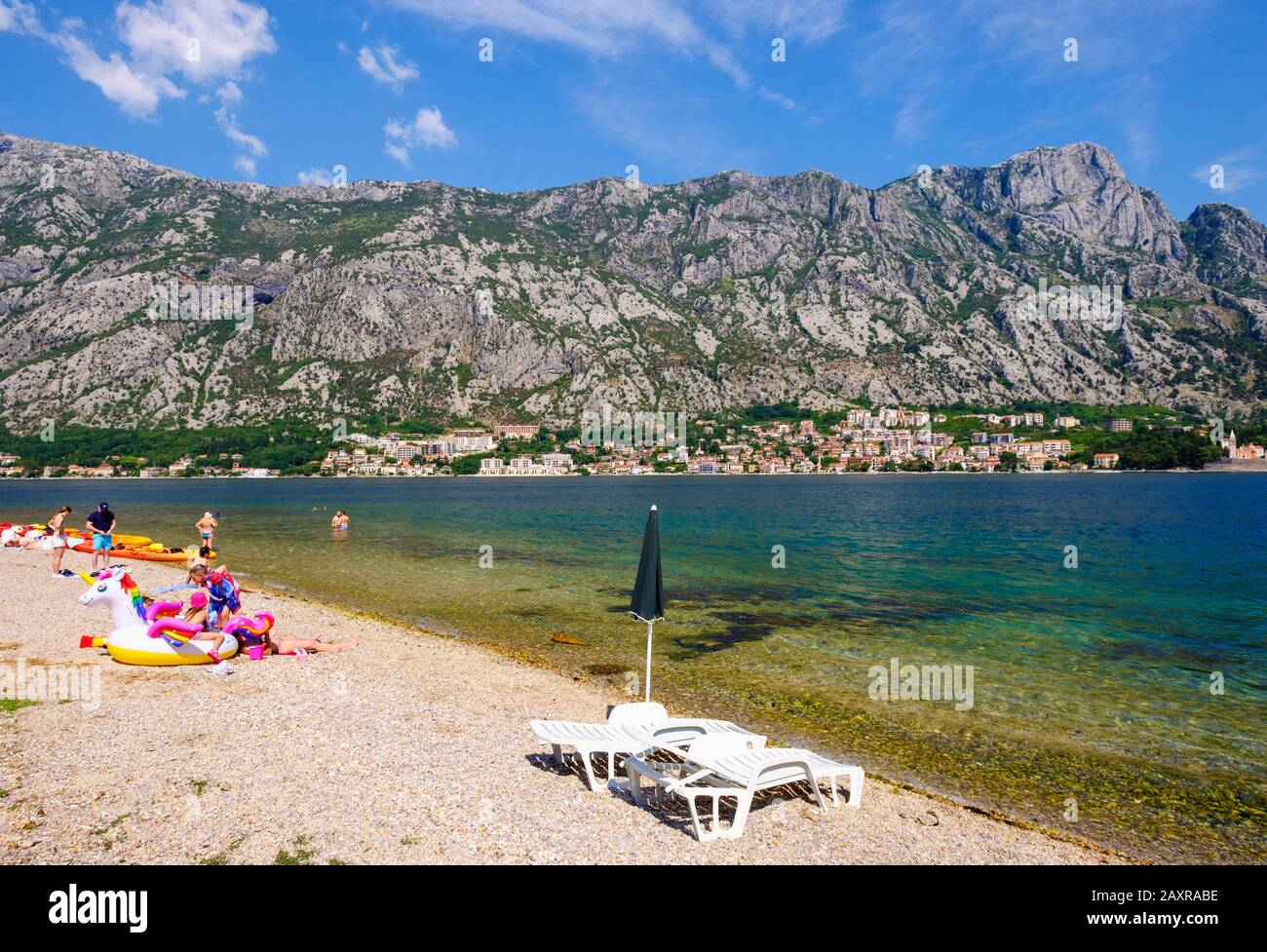 Beach in Prcanj, behind Dobrota, Bay of Kotor, Montenegro Stock Photo ...