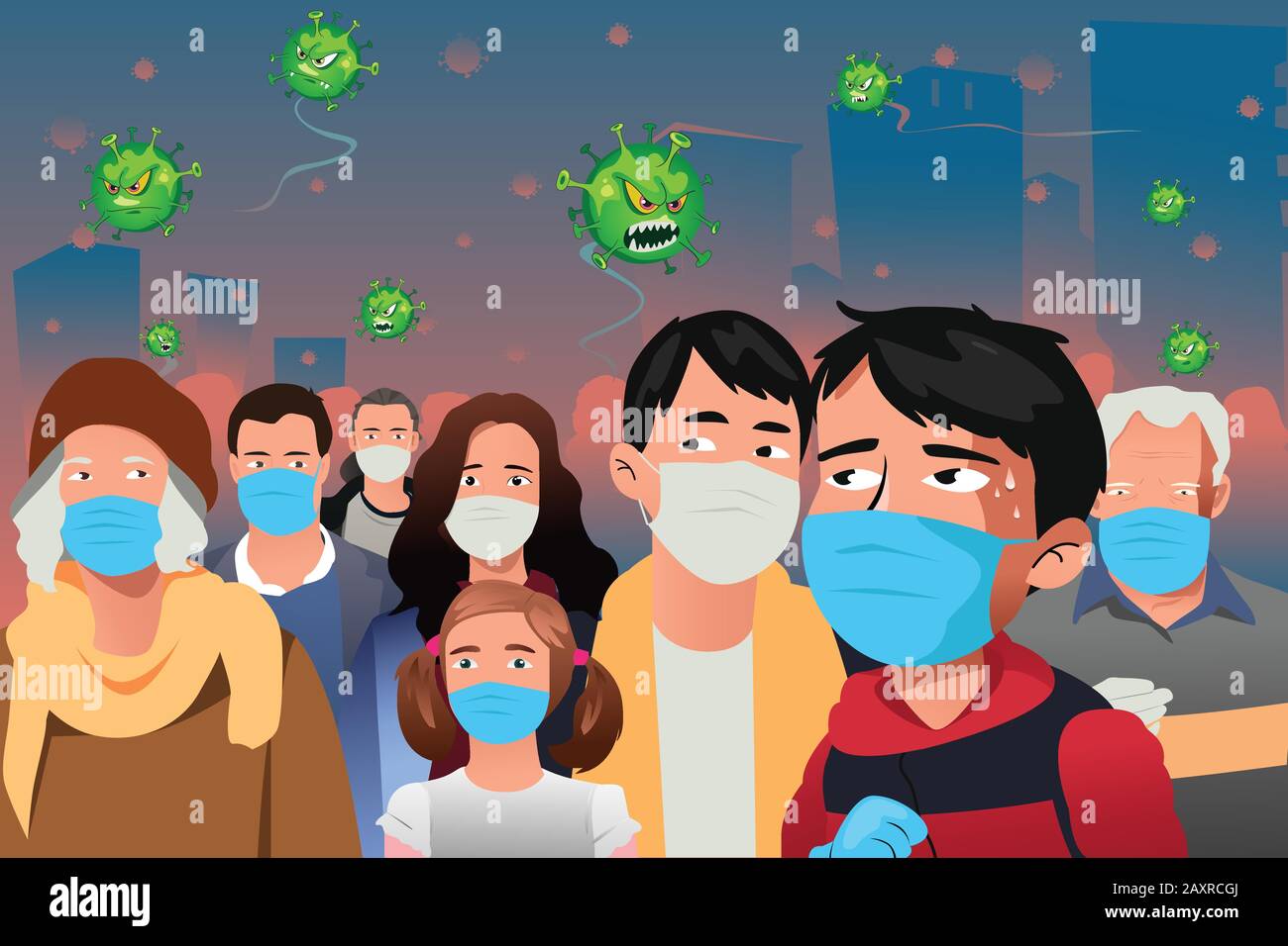A vector illustration of Virus Epidemic Attacking People Wearing Masks ...