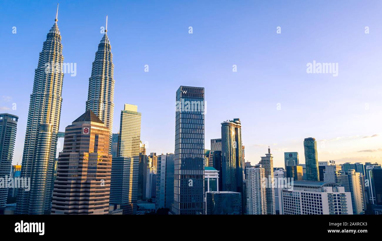 KUALA LUMPUR, MALAYSIA - FEBRUARY 1, 2019: Mid aerial view of KLCC and ...