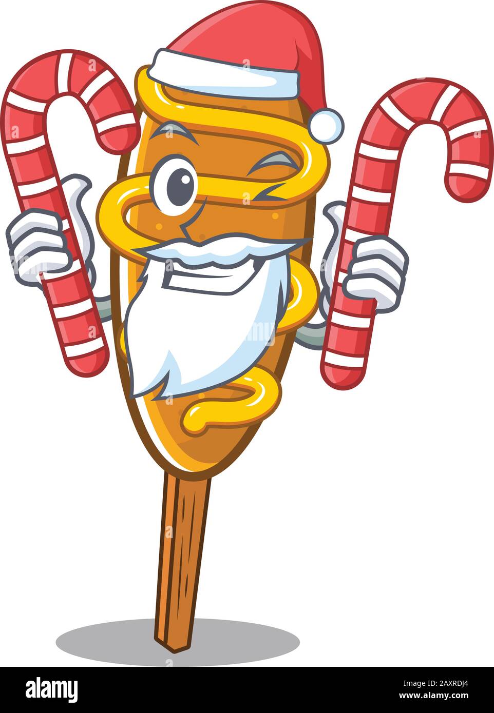 Corn dog Cartoon character wearing Santa costume bringing a candy Stock ...