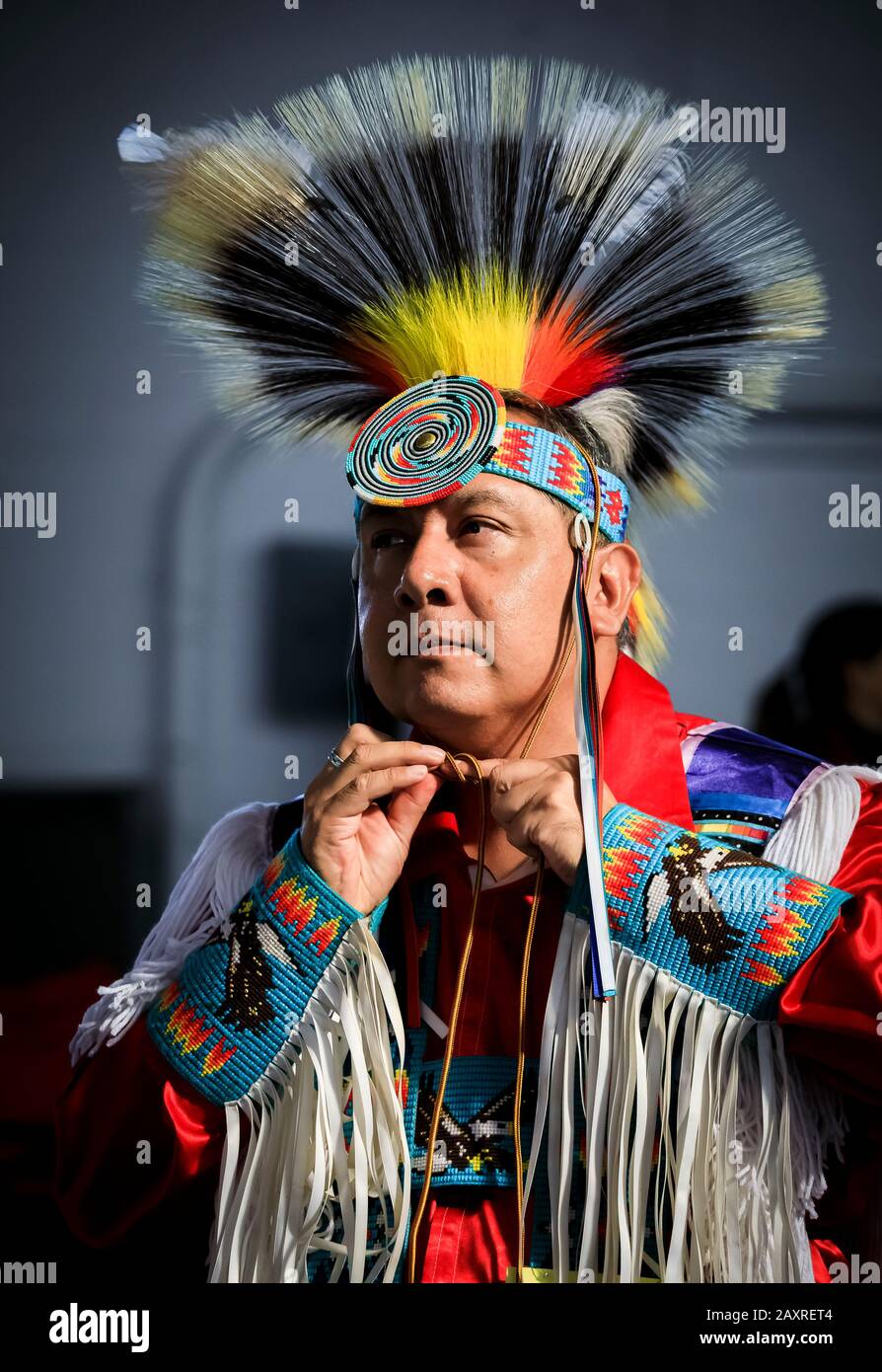 San Francisco, USA - February 08 2020: Native American in a traditional ...
