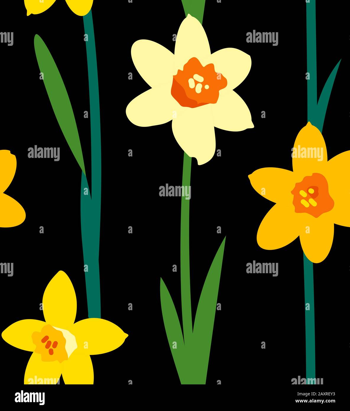 Floral seamless pattern with yellow daffodils and green branches ...
