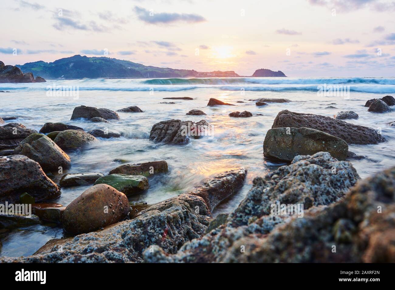 Landscape, sunset, coast, sea, Zarautz, Basque Country, Spain Stock ...