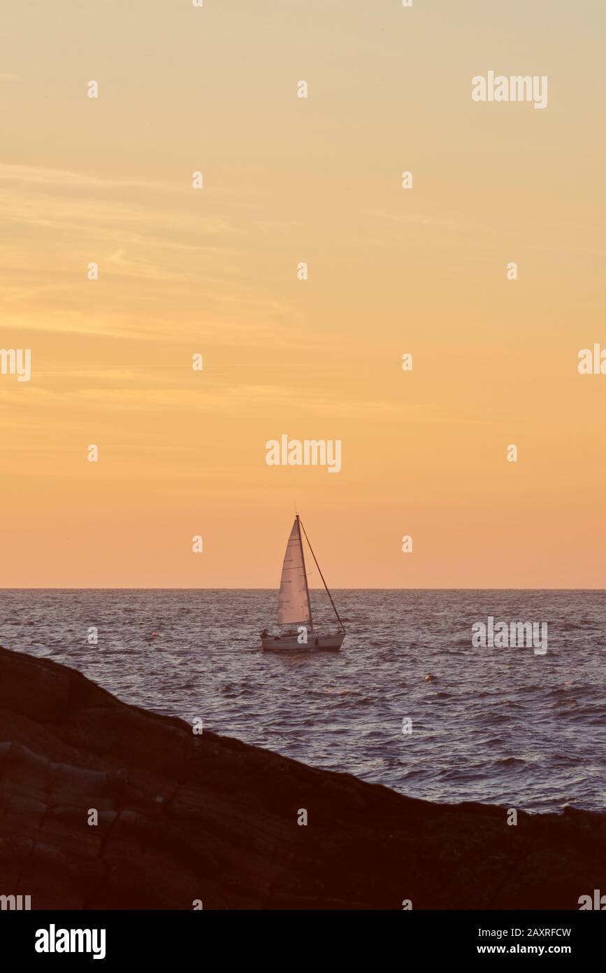 Landscape, sunset, sailboat, coast, sea, Hondarribia, Basque Country ...