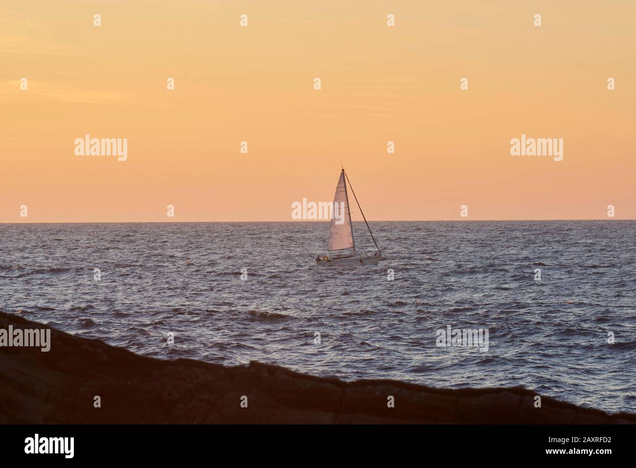 Landscape, sunset, sailboat, coast, sea, Hondarribia, Basque Country ...
