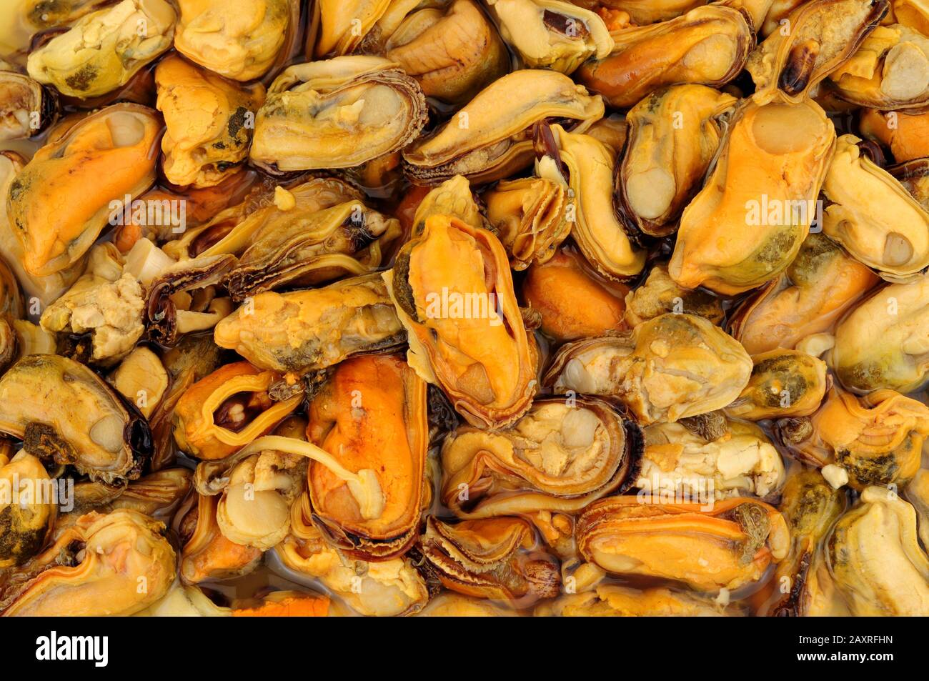 Delicious cooked vinegar preserved pickled mussels background Stock ...