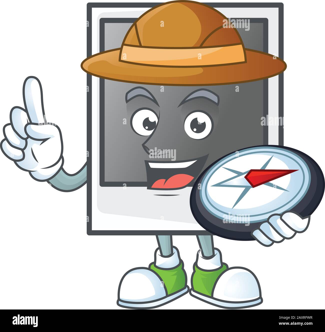 A empty polaroid photo frame explorer cartoon design having a compass ...
