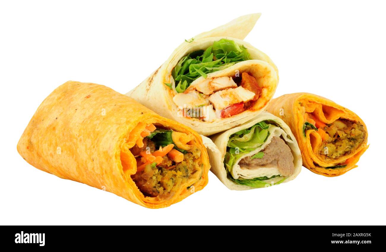 Selection of filled tortilla wraps isolated on a white background Stock ...