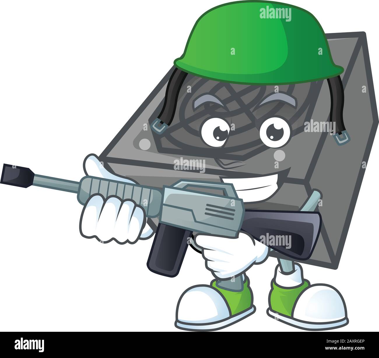 Power supply unit black color mascot design in an Army uniform with ...