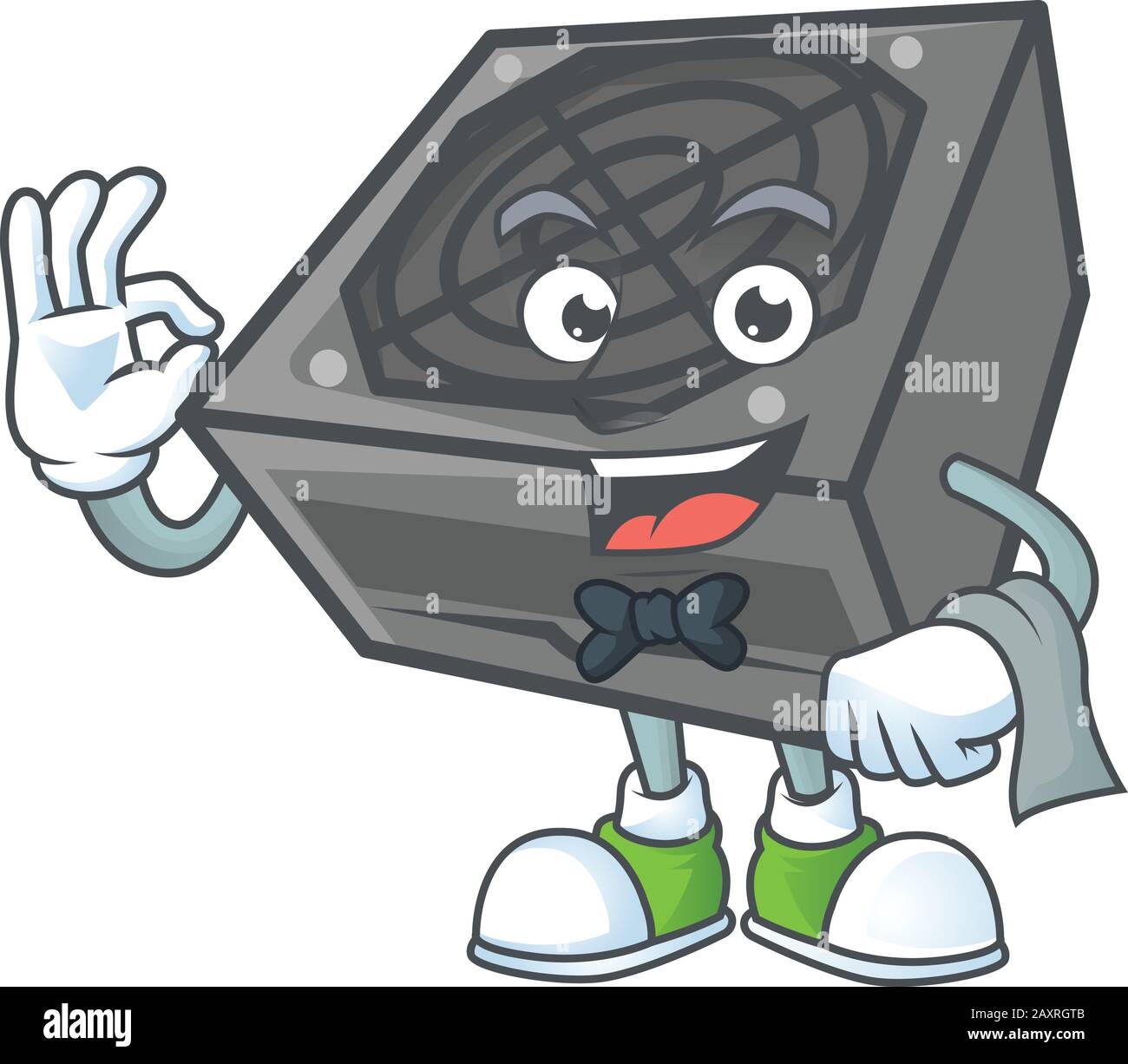 A power supply unit black color cartoon mascot working as a Waiter ...