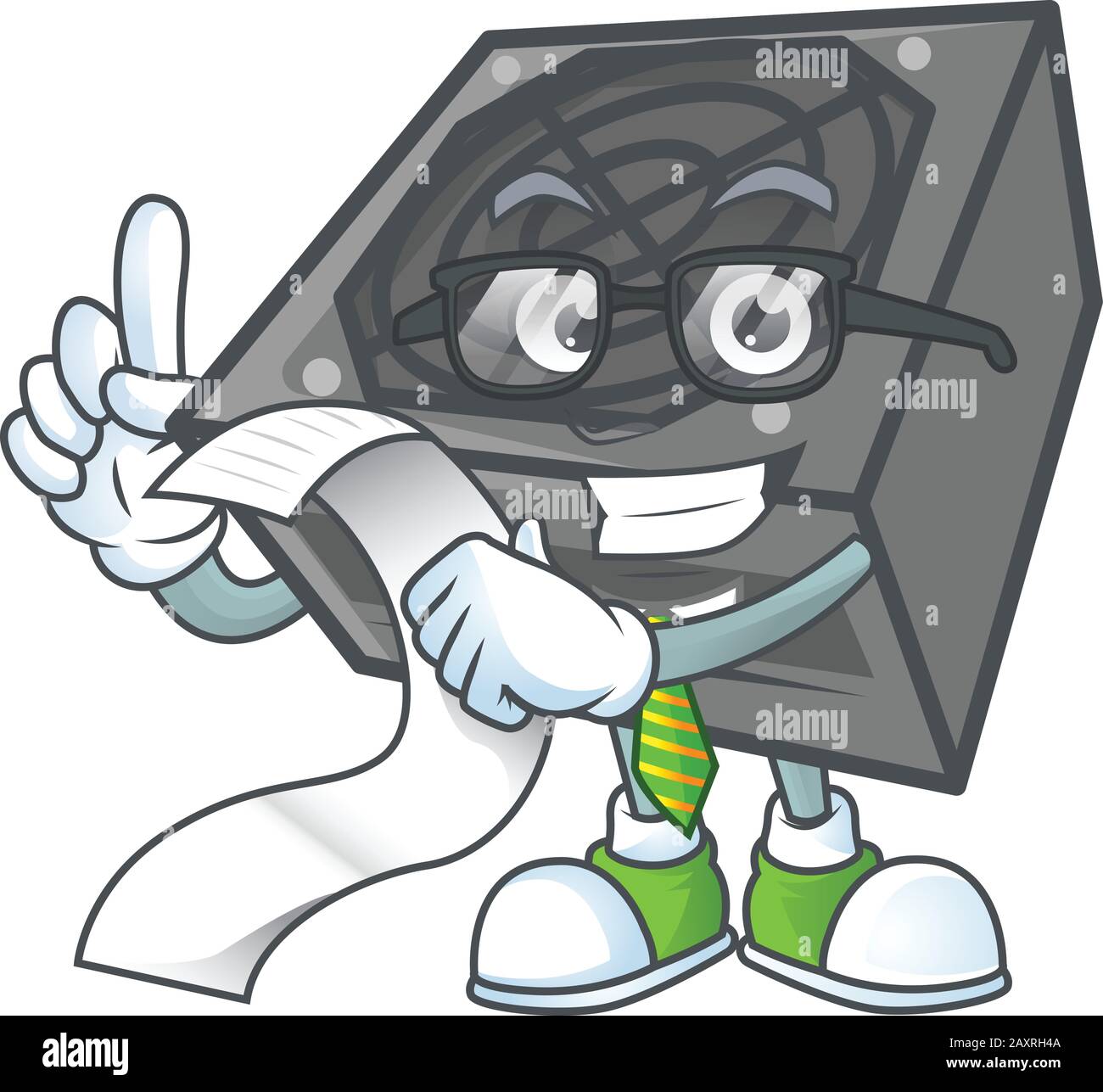 A funny face character of power supply unit black color holding a menu ...