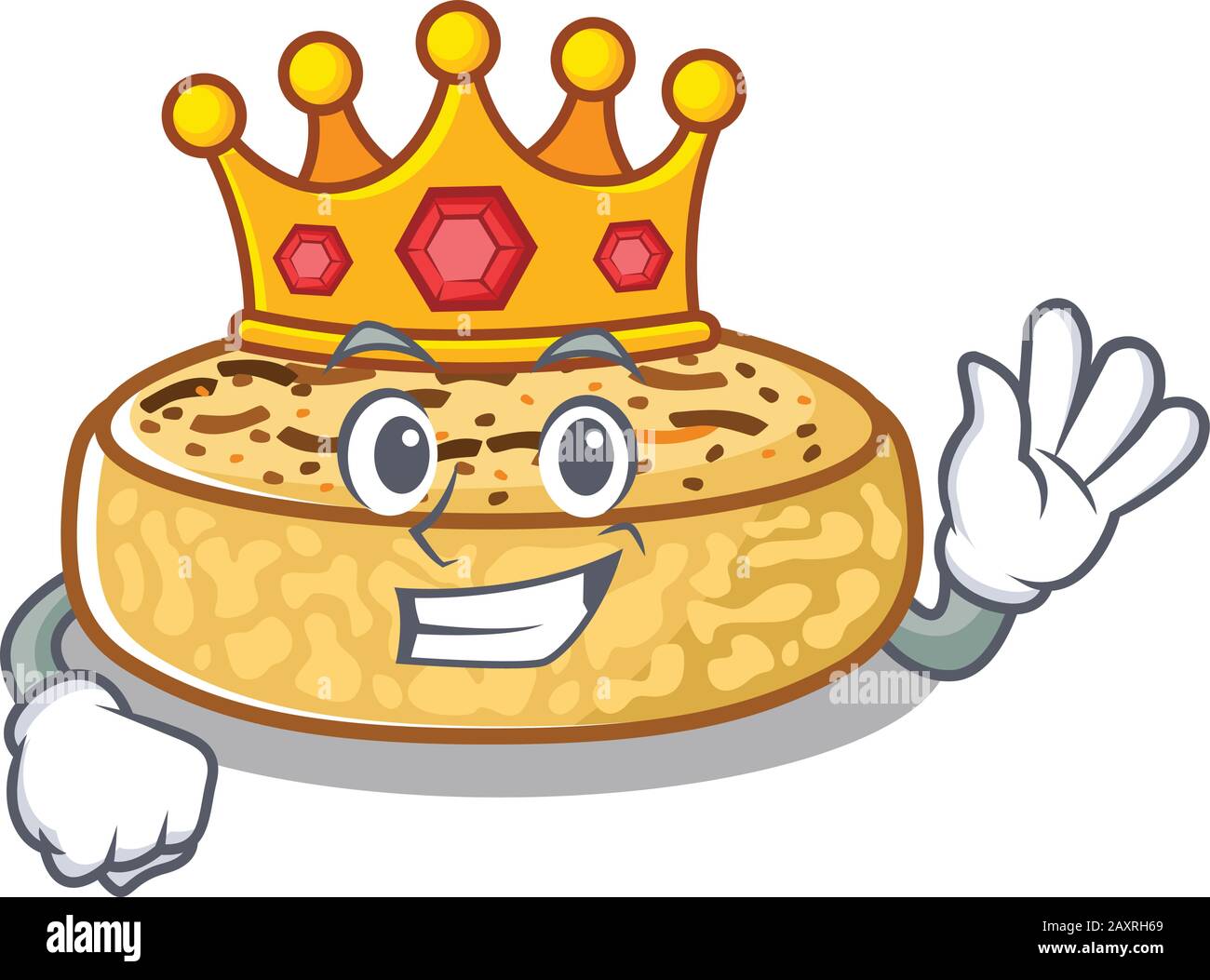 A cartoon mascot design of crumpets performed as a King on the stage ...