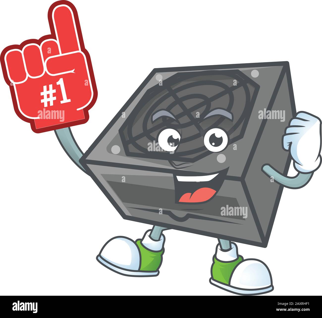 A cartoon design of power supply unit black color holding a Foam finger ...