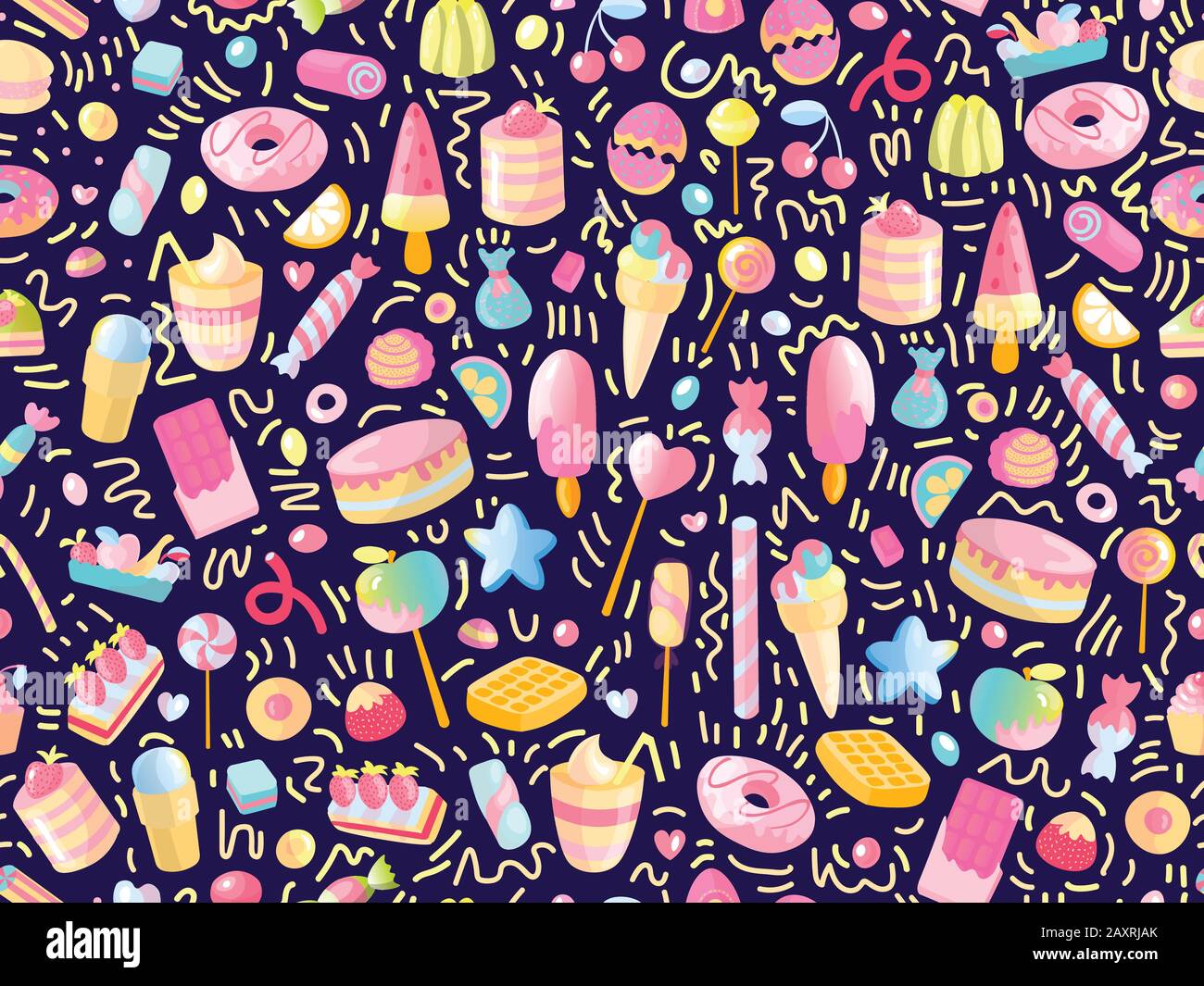 Cute seamless pattern with colorful sweets, cakes, lollipops. Cartoon ...